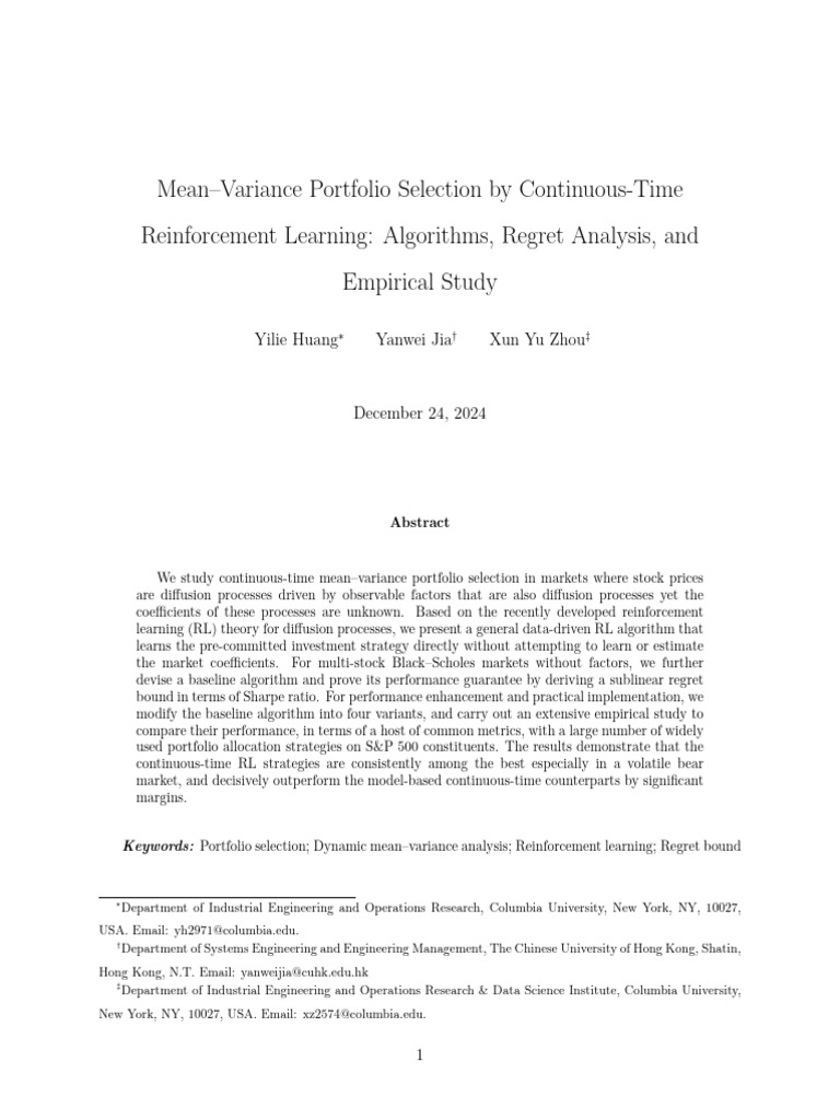 Mean-Variance Portfolio Selection by Continuous-Time | PDF ...