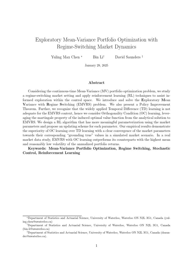 Exploratory Mean-Variance Portfolio Optimization With | PDF | Markov ...