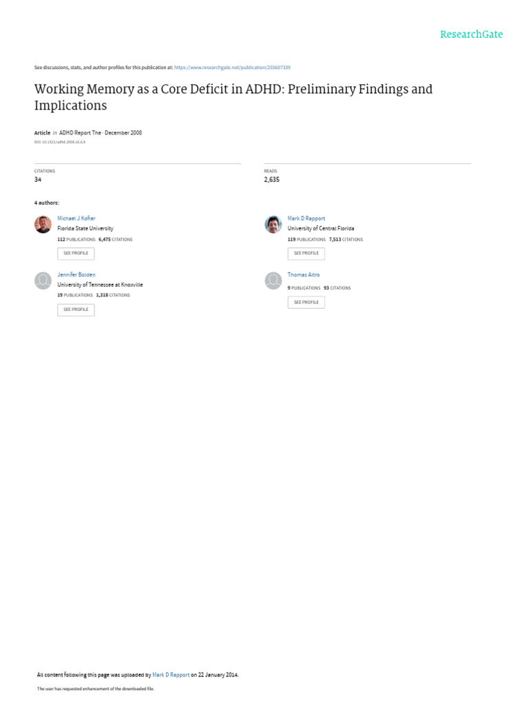 1 - Working Memory As A Core Deficit in ADHD Kofler Rapportetal. | PDF | Working Memory ...