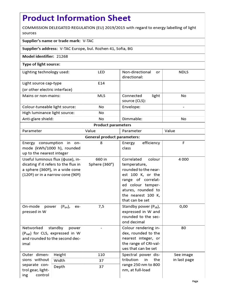 V-TAC LED Light Source Data Sheet | PDF | Light | Electromagnetic Radiation
