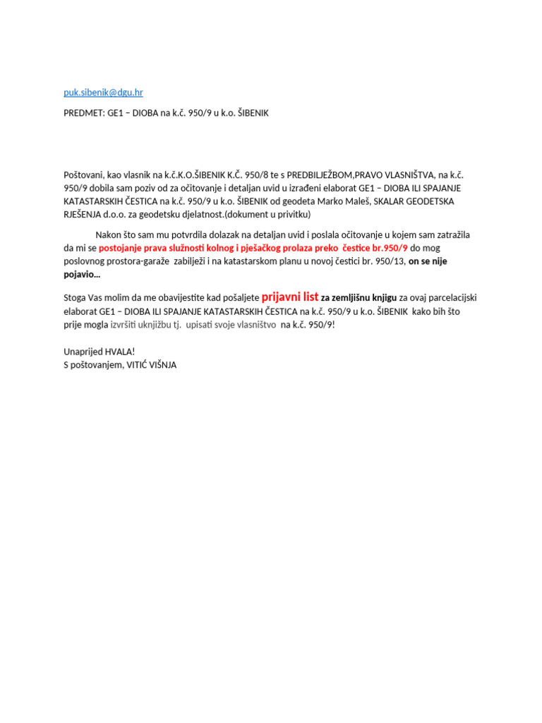 Geodetski Elaborat - GE1-DIOBA - 750 - 9 - Dopis Katastru | PDF