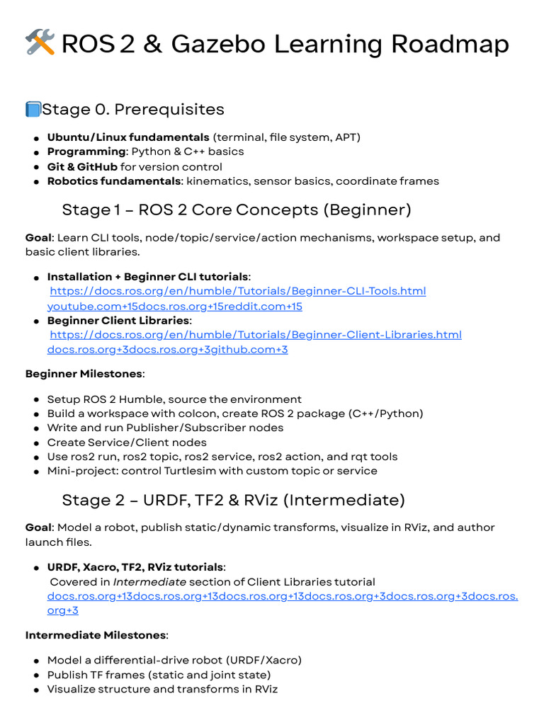 ROS 2 & Gazebo Learning Roadmap | PDF | Computing | Robotics