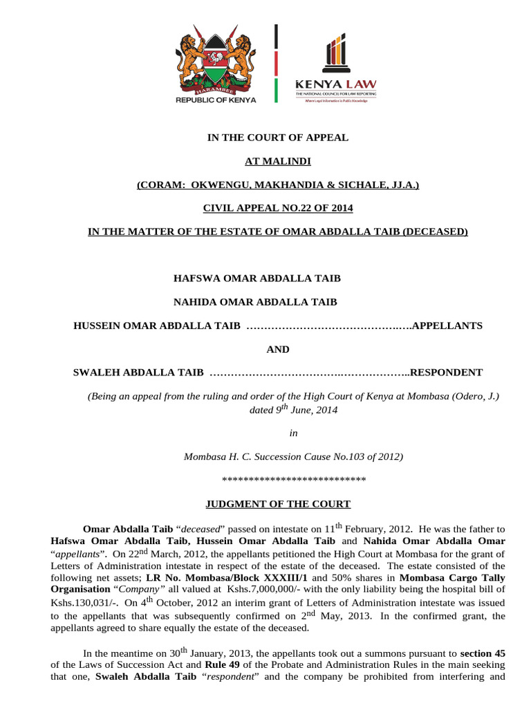 Hafswa Omar Abdalla Taib 2 Others V Swaleh Abdalla Taib 2015KECA871 (KLR) | PDF | Appellate ...