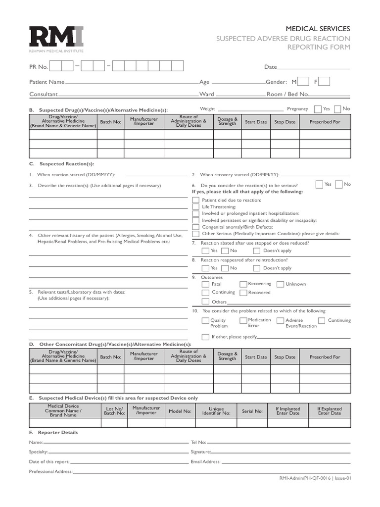 Suspected Adverse Drug Reaction Reporting Form | PDF | Dose (Biochemistry) | Chemistry