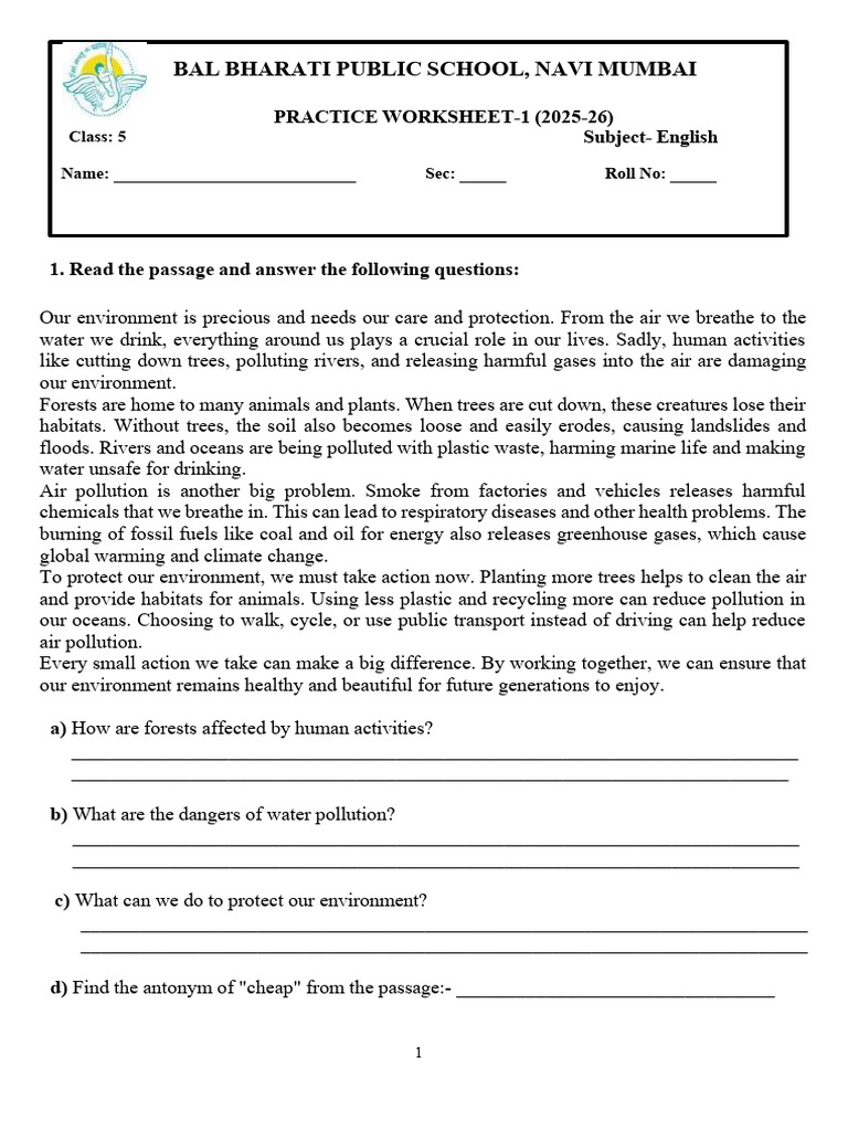 Class 5 English Practice Worksheet - 1 (25-26) | PDF | Pollution ...