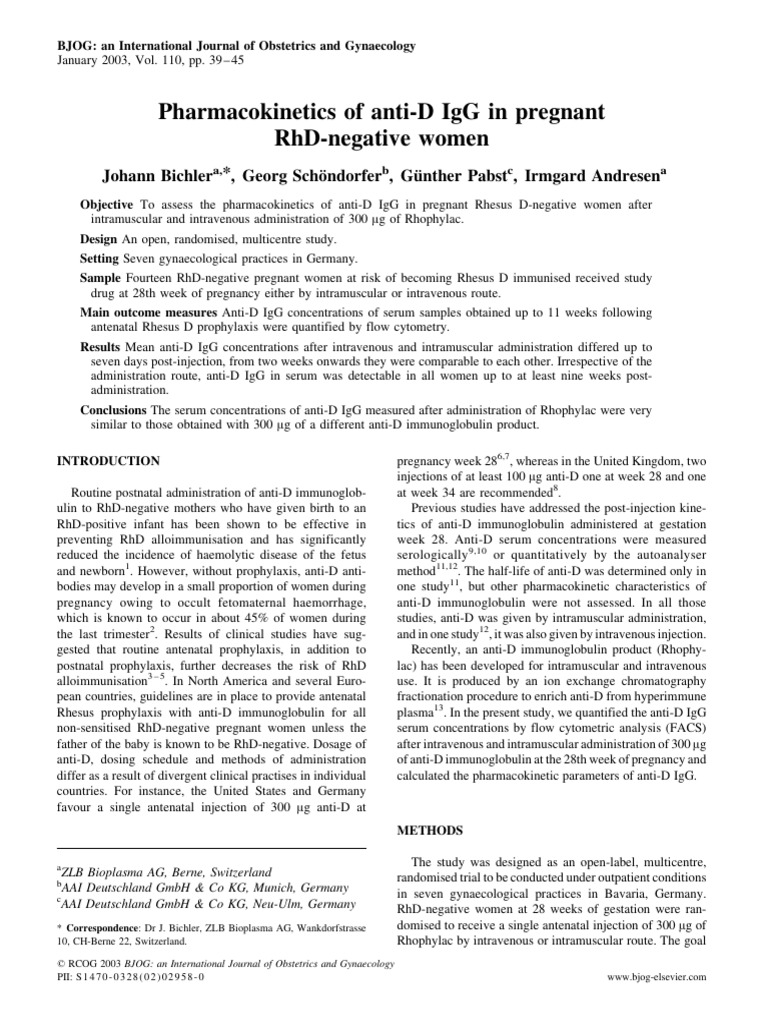 Pharmacokinetics of Anti-D Igg in Pregnant Rhd-Negative Women | PDF ...
