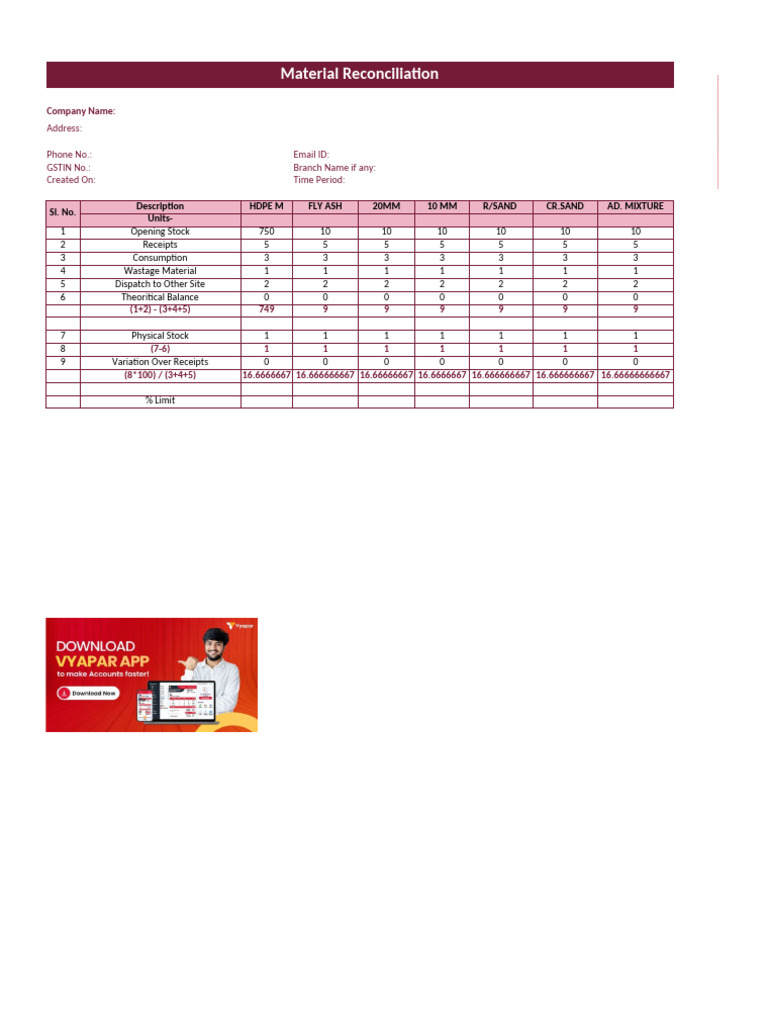 Material Reconciliation Format-04 | PDF