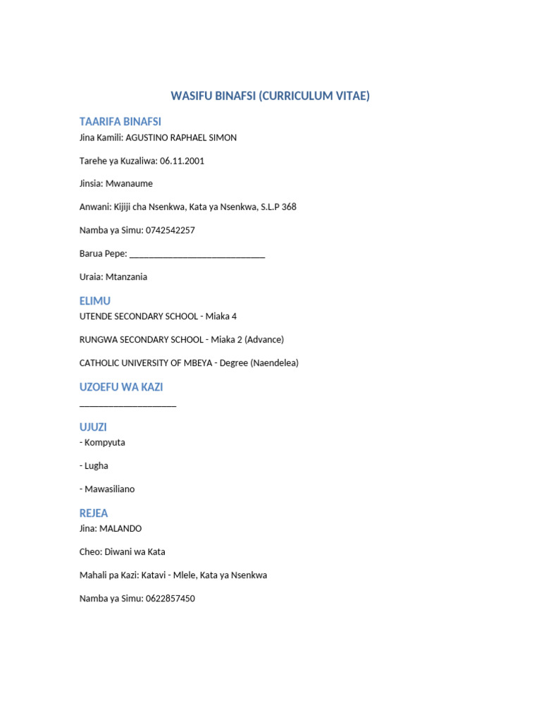 Wasifu Binafsi Agustino Raphael Simon Updated | PDF