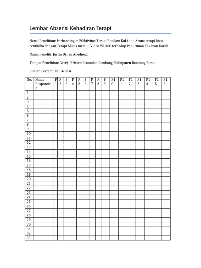 Lembar Absensi Terapi 16 Pertemuan | PDF