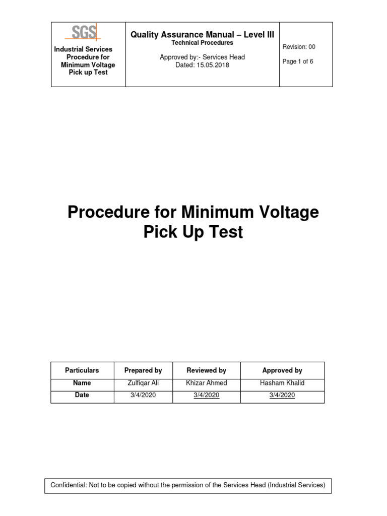 Minimum Voltage Pick Up Test Procedure | PDF | Calibration ...