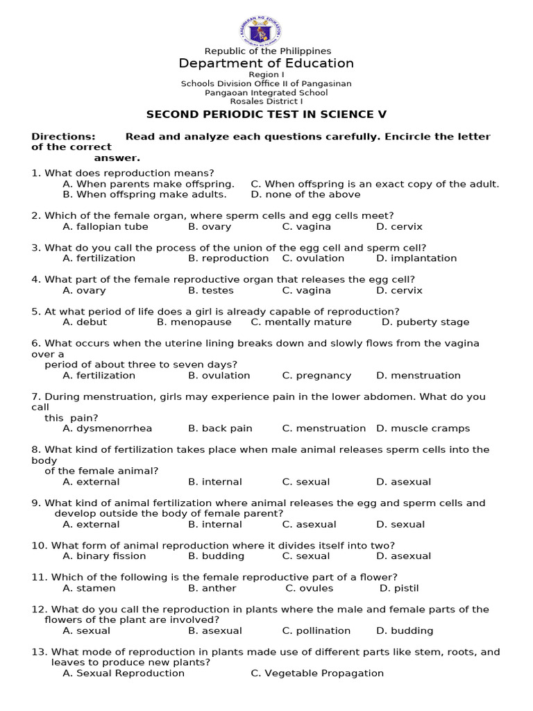 Science V Periodic Test on Reproduction | PDF | Sexual Reproduction ...