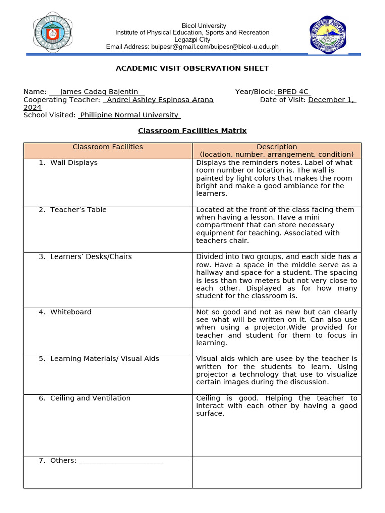 Acad Visit Observation Sheet Classroom | PDF | Classroom | Learning