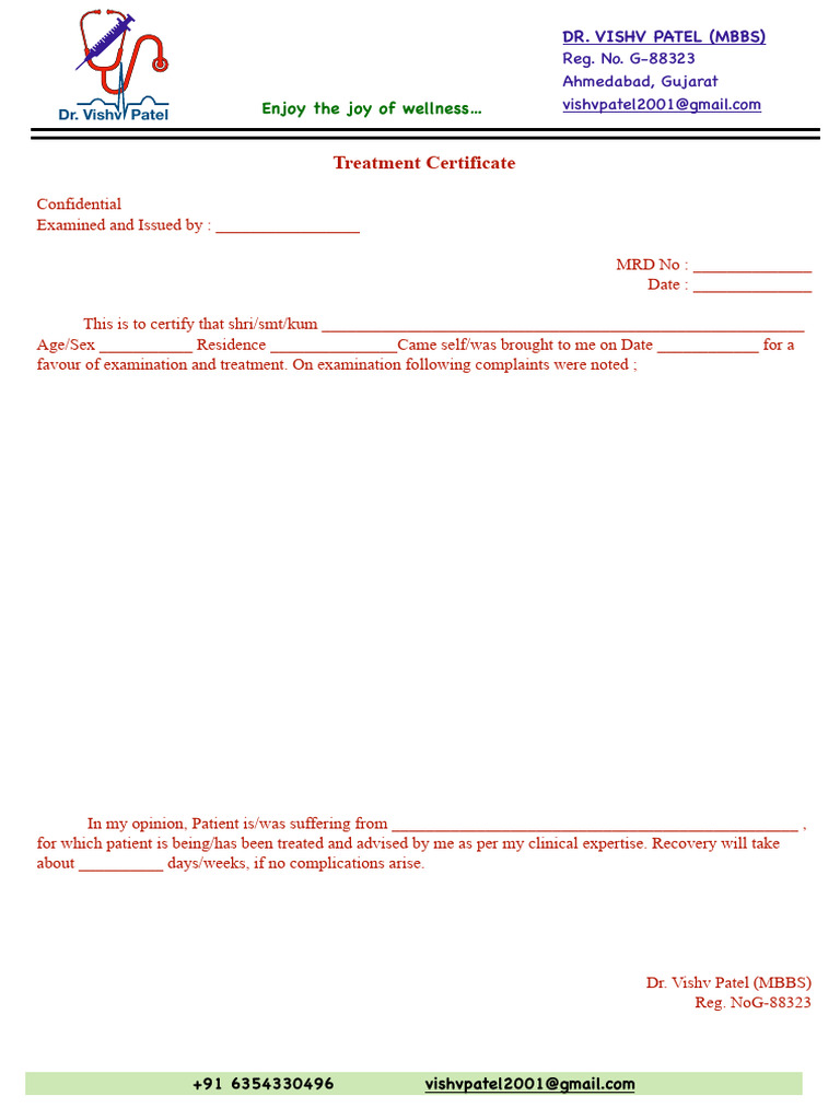 Treatment Certificate - 1 | PDF