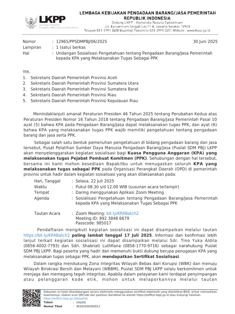 Undangan Sosialisasi KPA Provinsi Sumatera Bagian Utara (Sign) | PDF