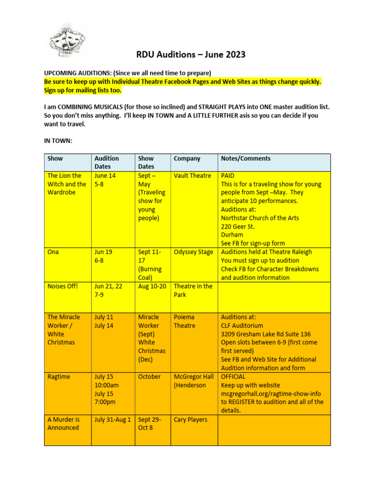 RDU June 2023 Audition Schedule | PDF