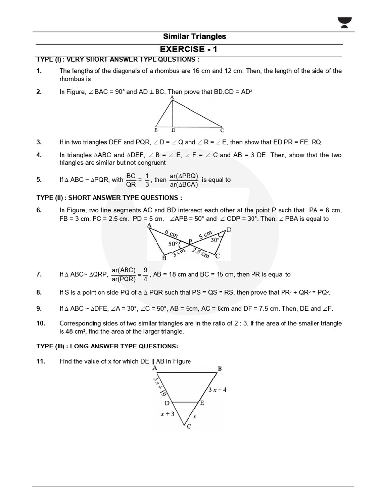 Similar Triangles Exercise PDF | PDF | Triangle | Euclidean Geometry