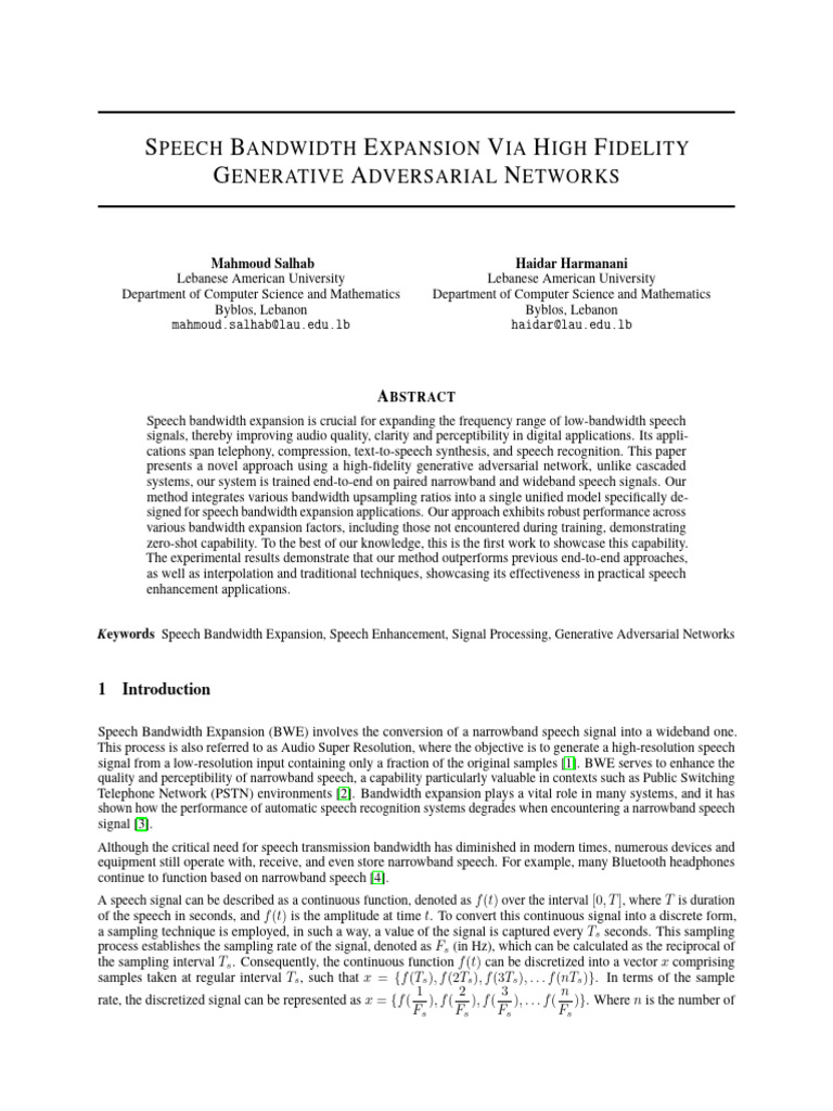 Speech Bandwidth Expansion Via High Fidelity Generative Adversarial Networks | PDF | Sampling ...