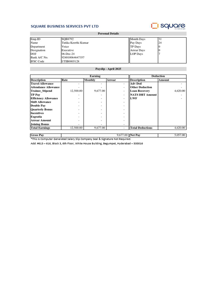 SQB8792 - Tutika Keerthi Kumar - Payslip - April 2025 | PDF