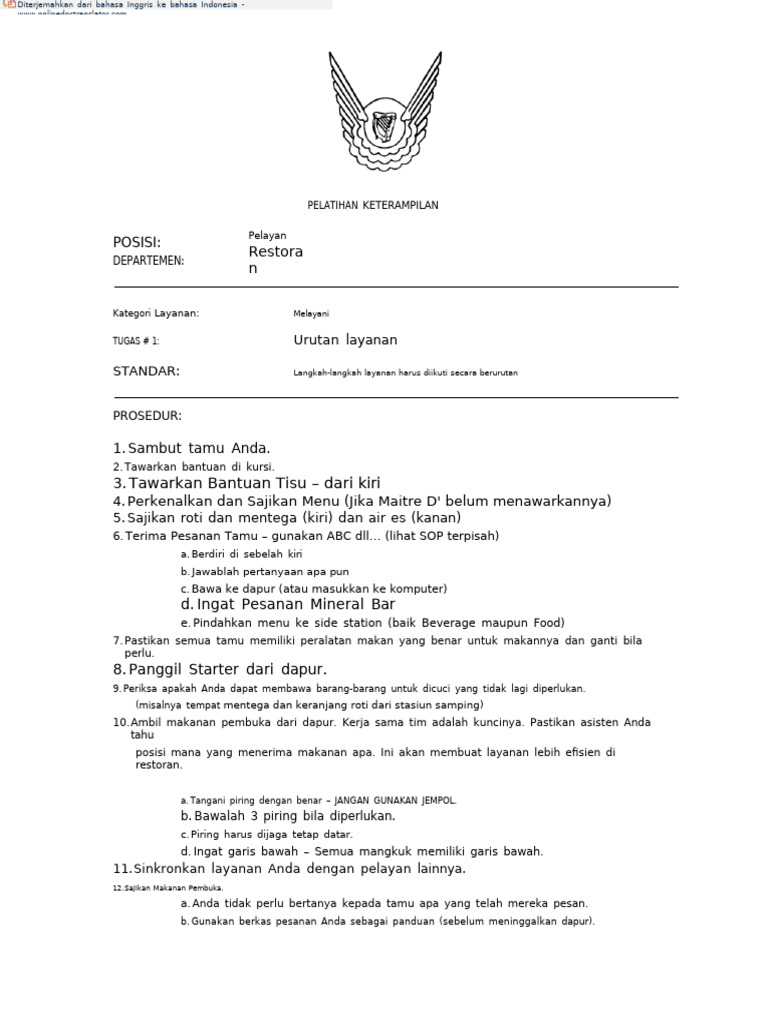 Panduan Layanan Pelayan Restoran | PDF