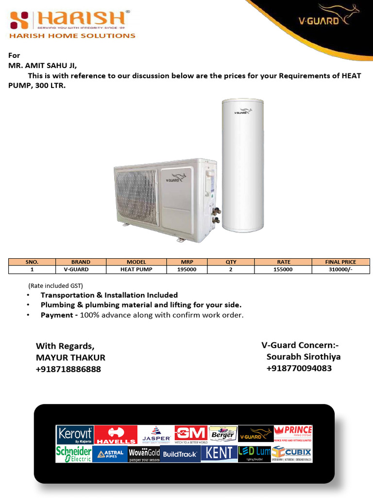 Quotation For 300 LTR Heat Pump Amit Ji | PDF