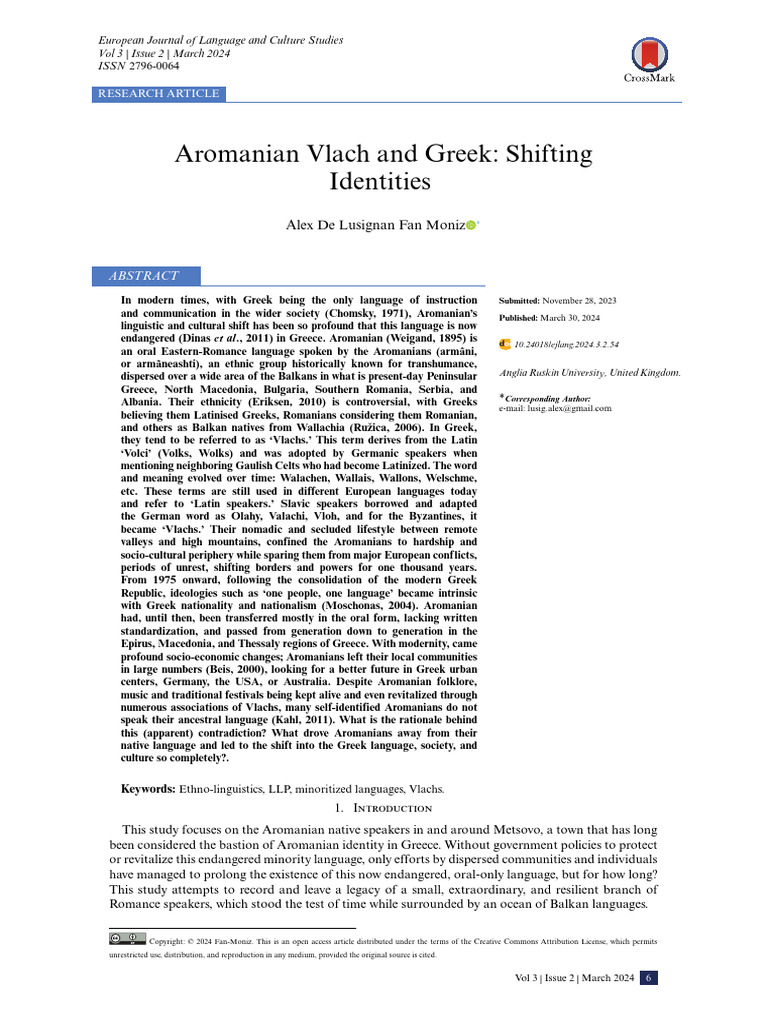 Aromanian Vlach and Greek Shifting Ident | PDF | Balkans | Greeks