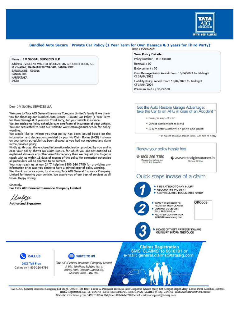 Tata AIG Private Car Insurance Policy | PDF | Insurance | Deductible