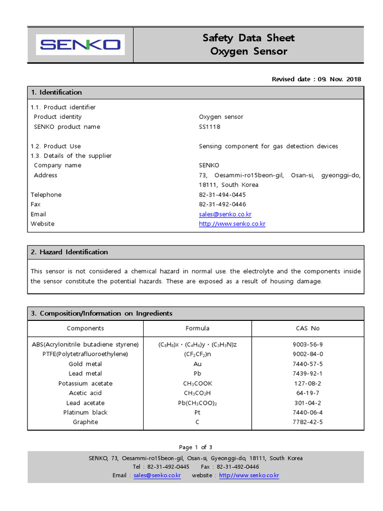 Oxygen Sensor Safety Data Sheet | PDF | Lead | Materials