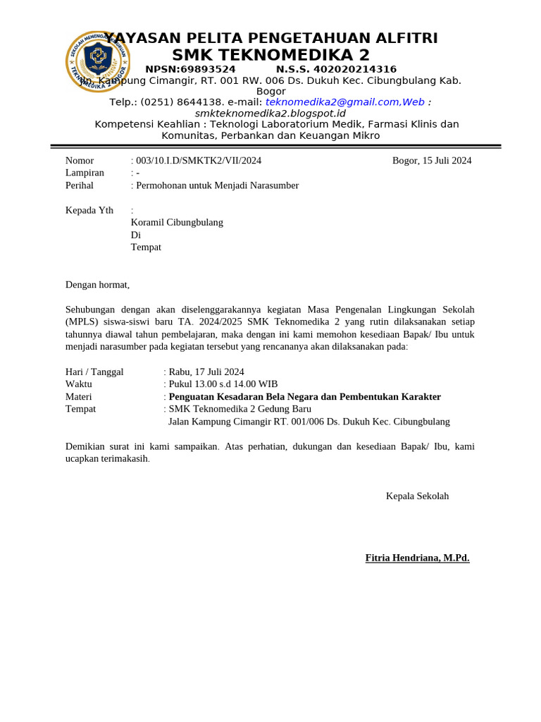 Surat Permohonan Narasumber MPLS Koramil | PDF