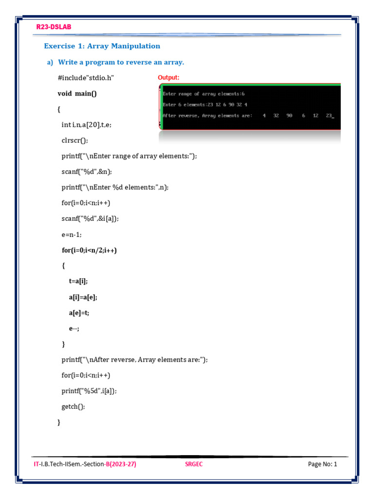 Exercise 1: Array Manipulation: Void Main ( | PDF | Software Engineering | Computer Programming