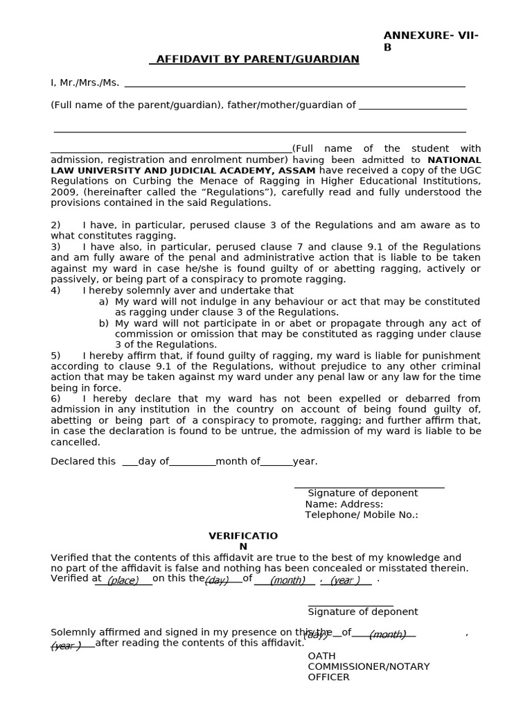 UGC Ragging Affidavit for Guardians | PDF | Affidavit | Common Law