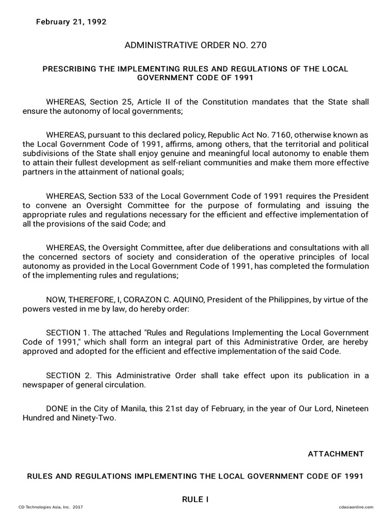 (IRR) RA 7160 Local Government Code of 1991 | PDF | Local Government ...