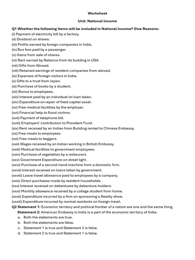 Worksheet (National Income) | PDF | Expense | Consumption Of Fixed Capital