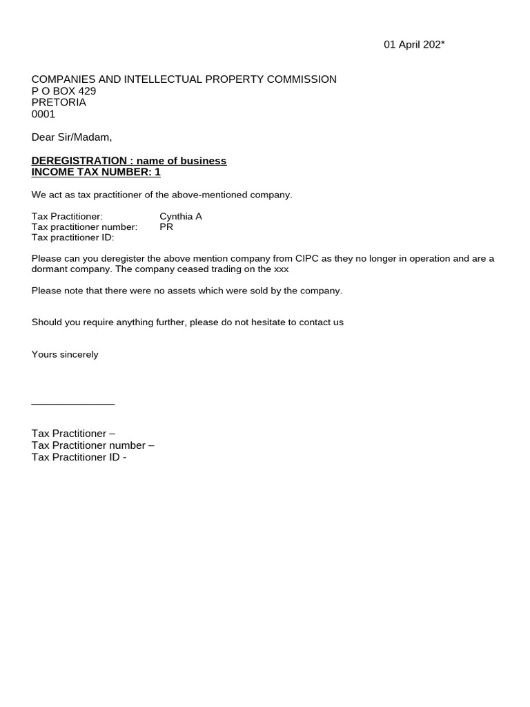 CIPC Deregistration Letter of Request | PDF