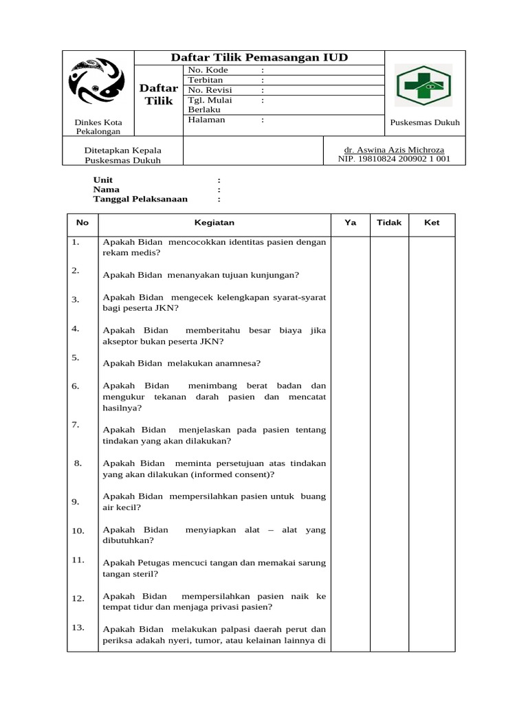 Daftar Tilik Pemasangan IUD | PDF