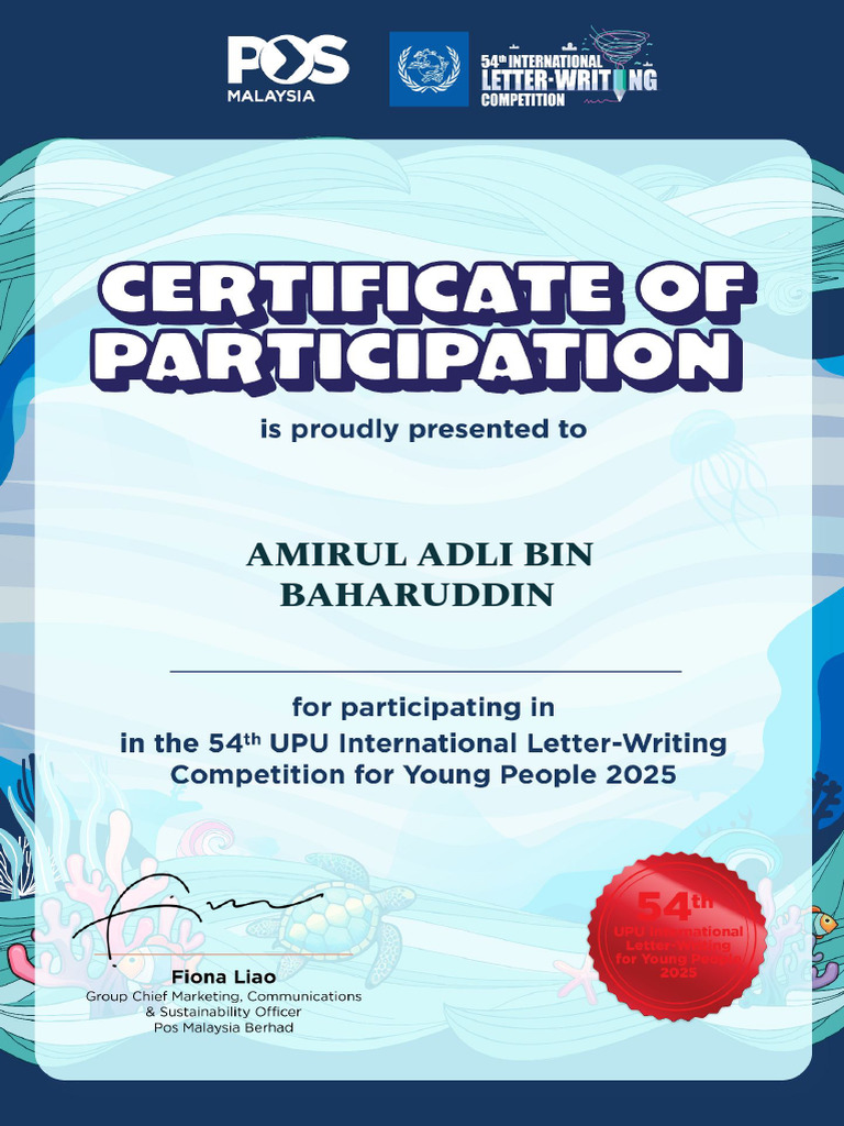 Amirul Adli Bin Baharuddin 54th Upu International Letter Writing | PDF