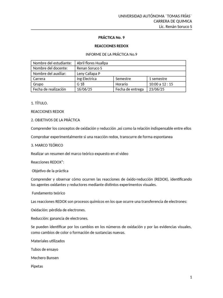 PRÁCTICA No 9 REDOX (1) (Recuperado Automáticamente) | PDF | Redox | Agente oxidante