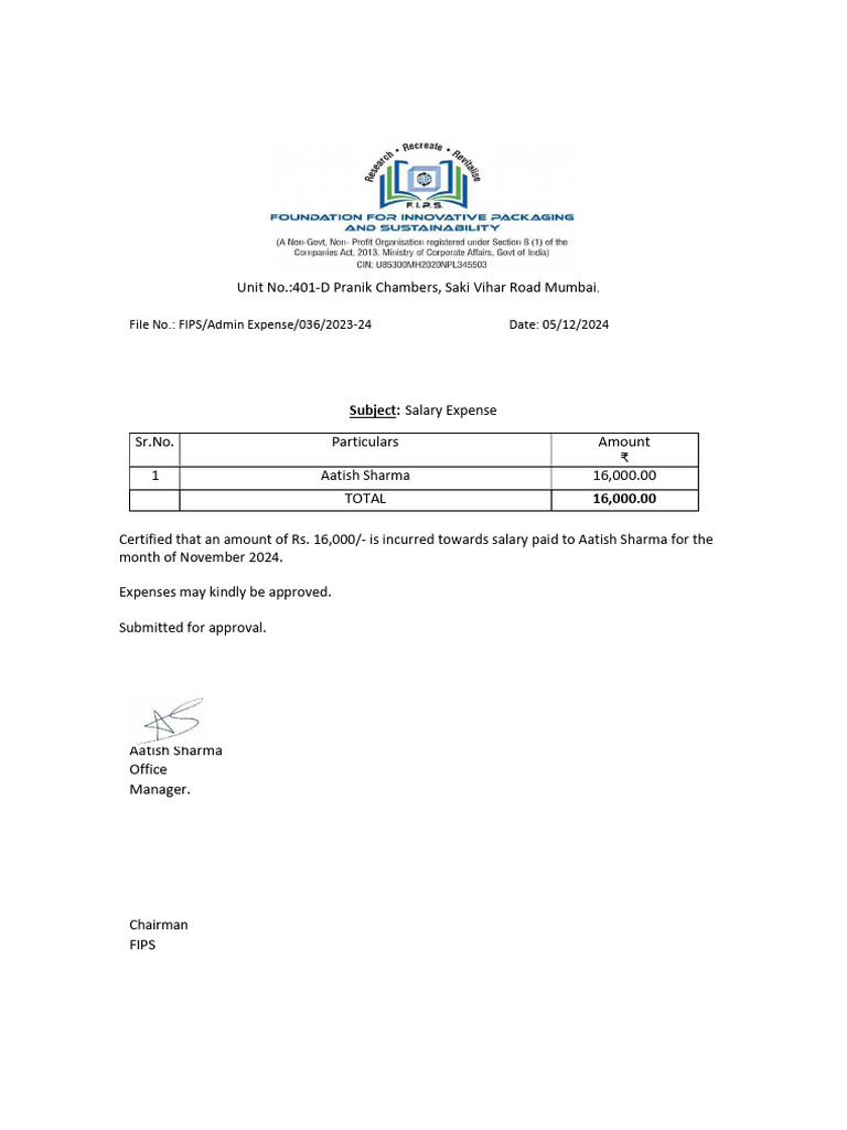 Aatish Nov Salary Note | PDF