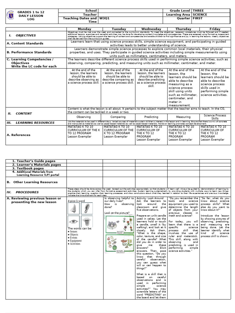 Q1 - SCIENCE - DLL - WEEK 3 - Old Template | PDF | Learning | Curriculum