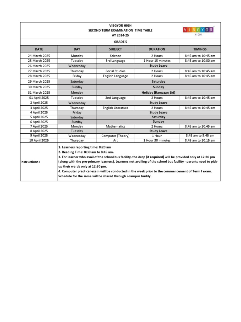 Annexure 1. A. 3 VH - Grade 5 - Term 2 Timetable - Cluster 6 | PDF