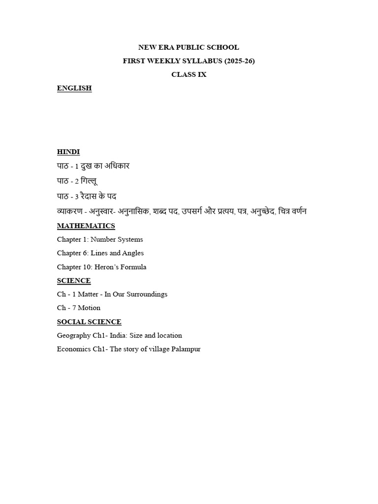 First Weekly Syllabus 2025-26 Class 9 | PDF