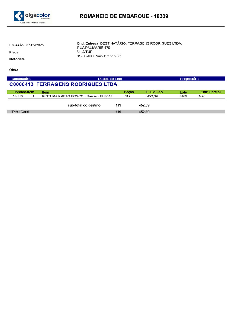 Romaneio de Embarque NF 9655 LOTE 5169 | PDF