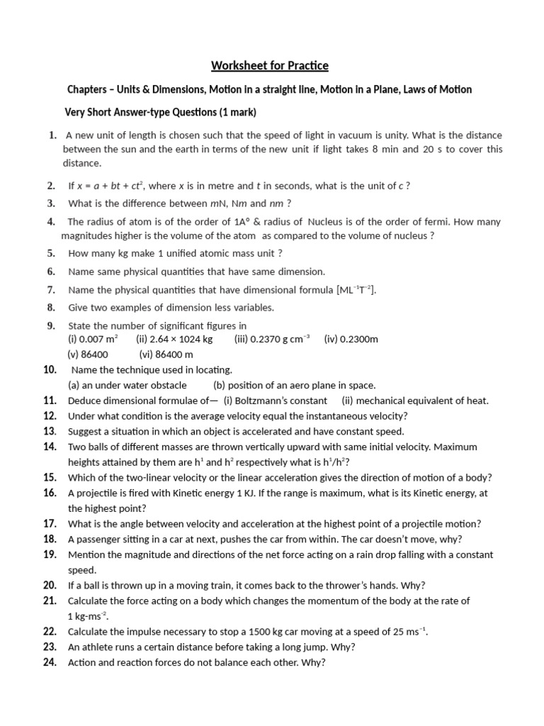 Practice Worksheet For Std.11 Physics | PDF | Force | Velocity
