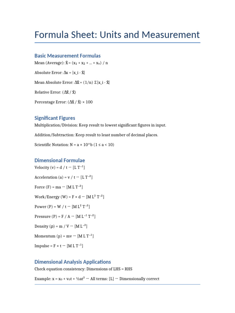 Units and Measurement Revision Sheet | PDF | Significant Figures ...