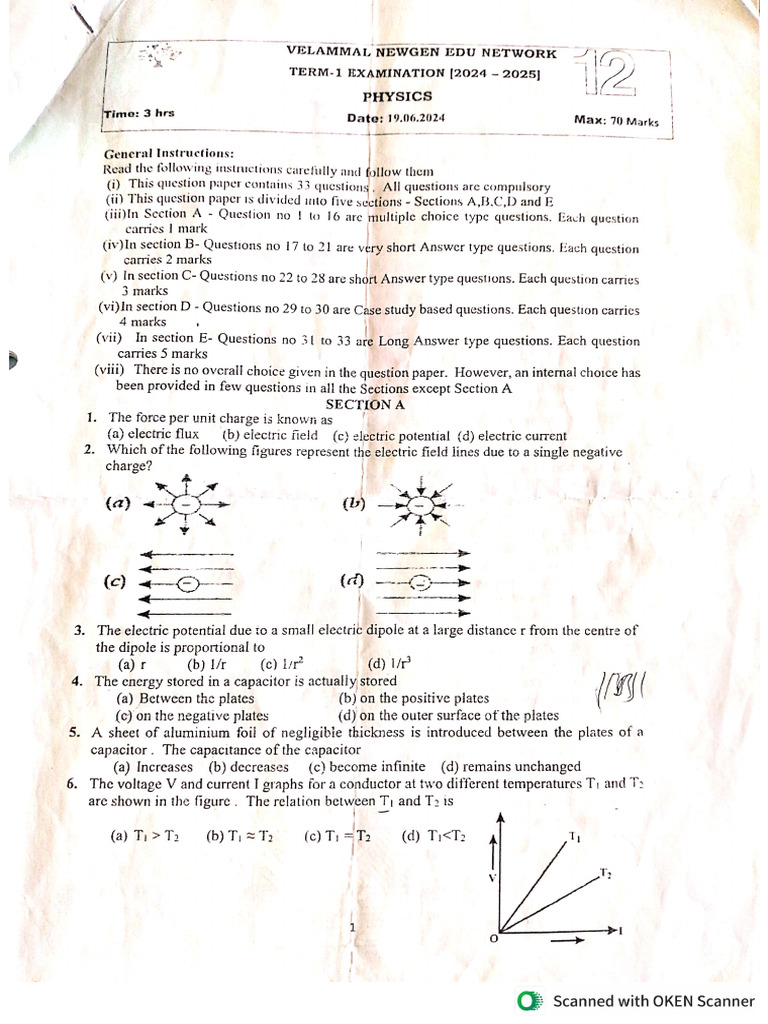 Physics Term I (2024 - 25) QP | PDF