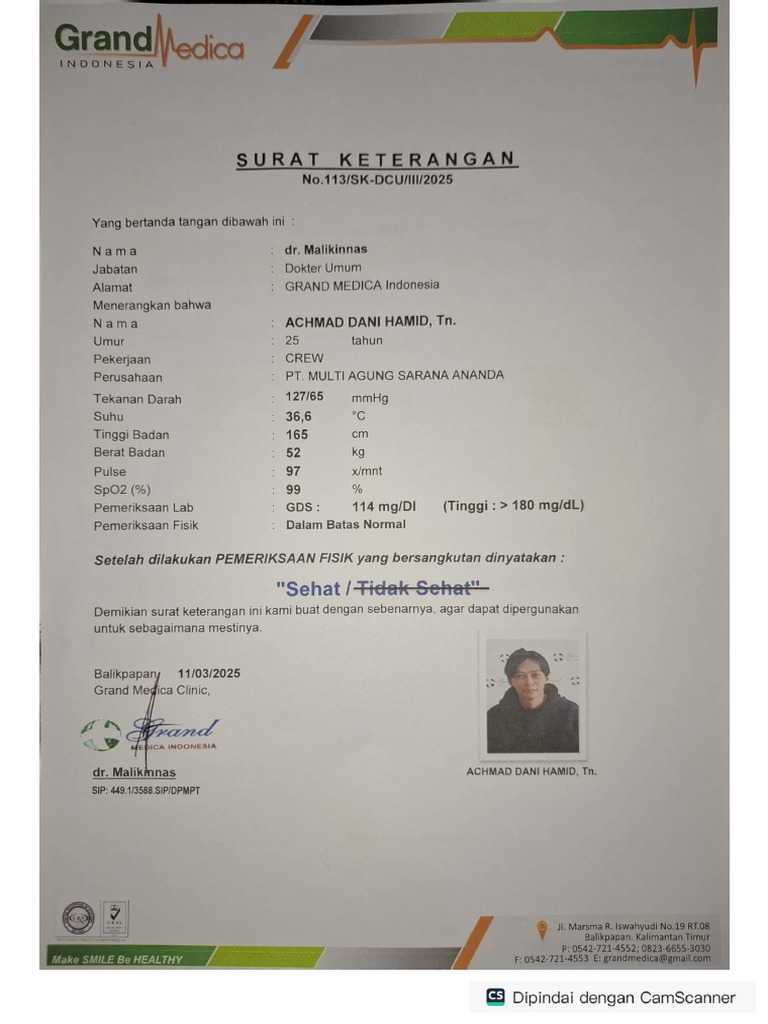 Surat Keterangan DCU Achmad Dhani Hamid | PDF