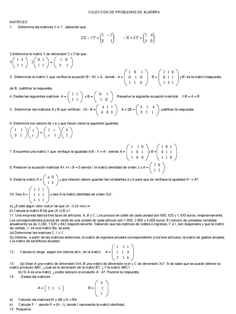 Lista-Problemas de Algebra | PDF | Matriz (Matemáticas) | Ecuaciones