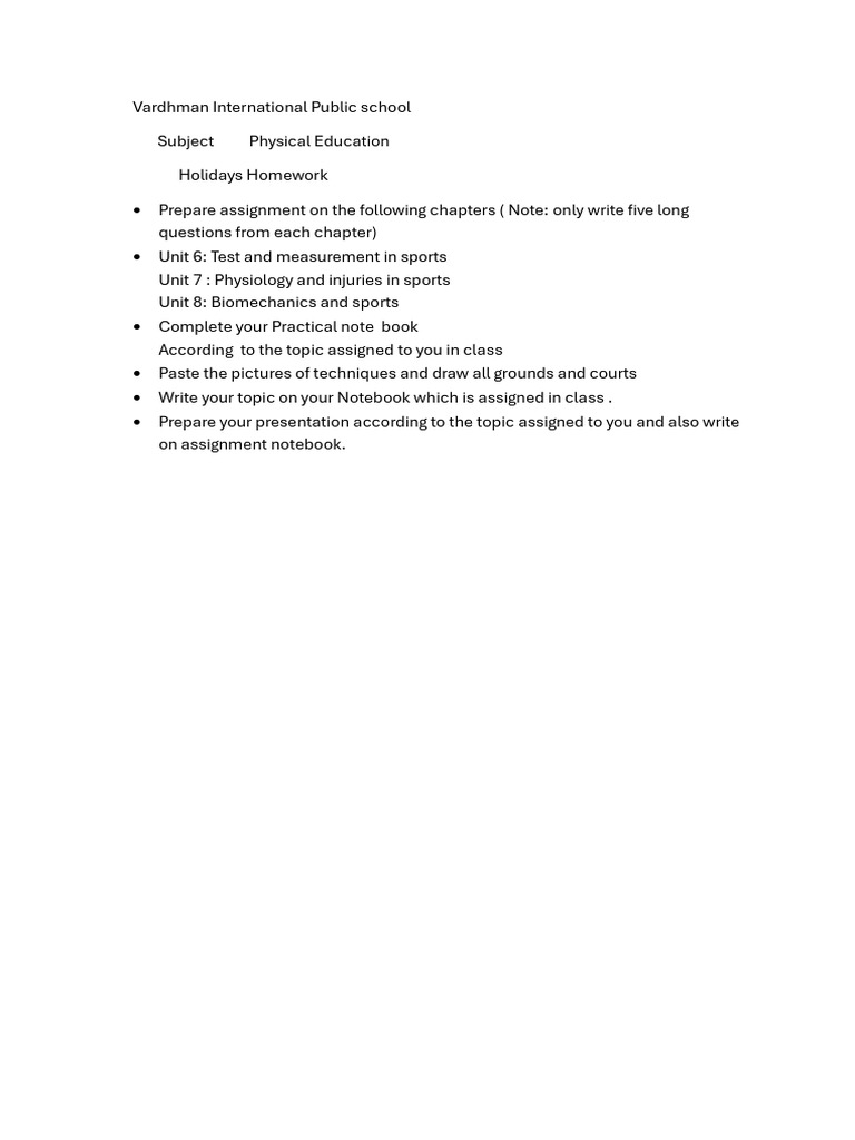 Class 12 Holidays Homework P. Ed | PDF