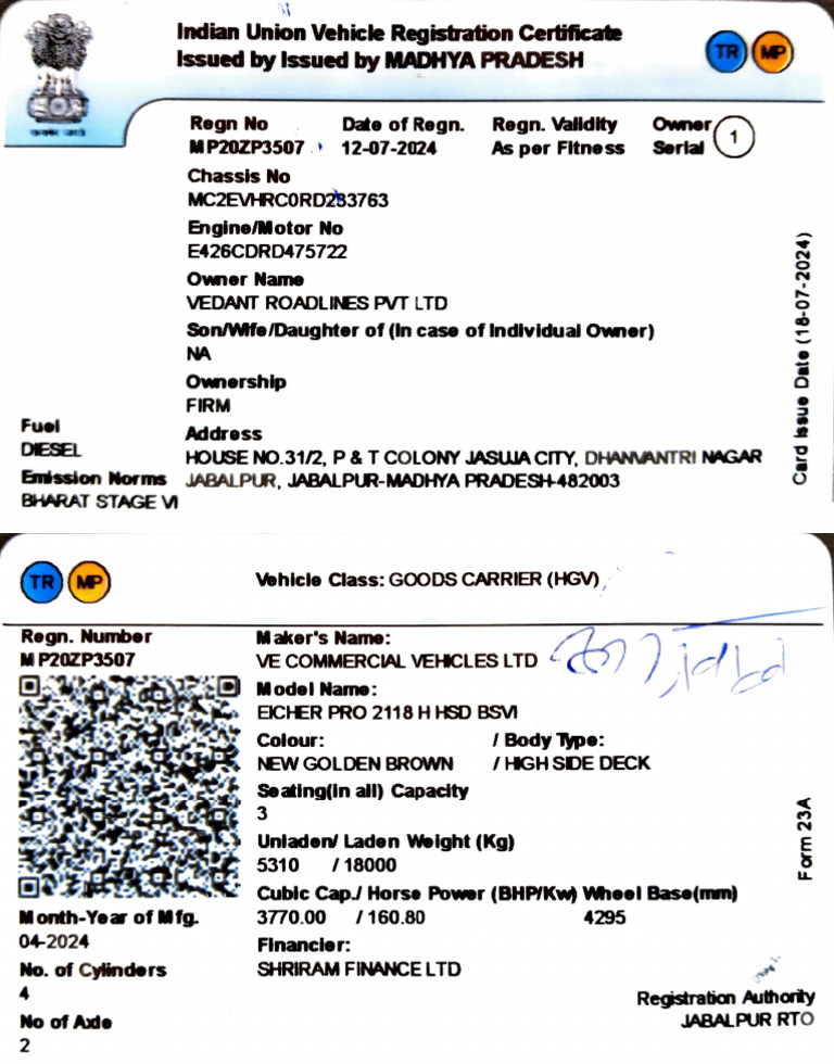 Madhya Pradesh Vehicle Registration Certificate | PDF