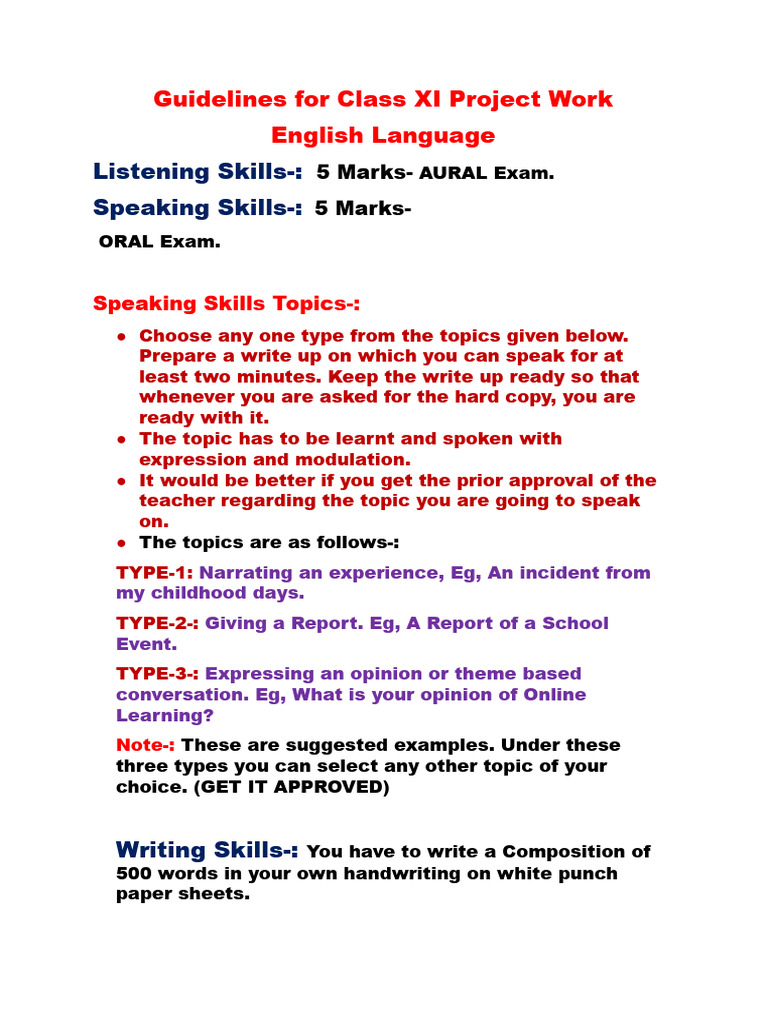 Guidelines For Class XI LANGUAGE Project Work | PDF