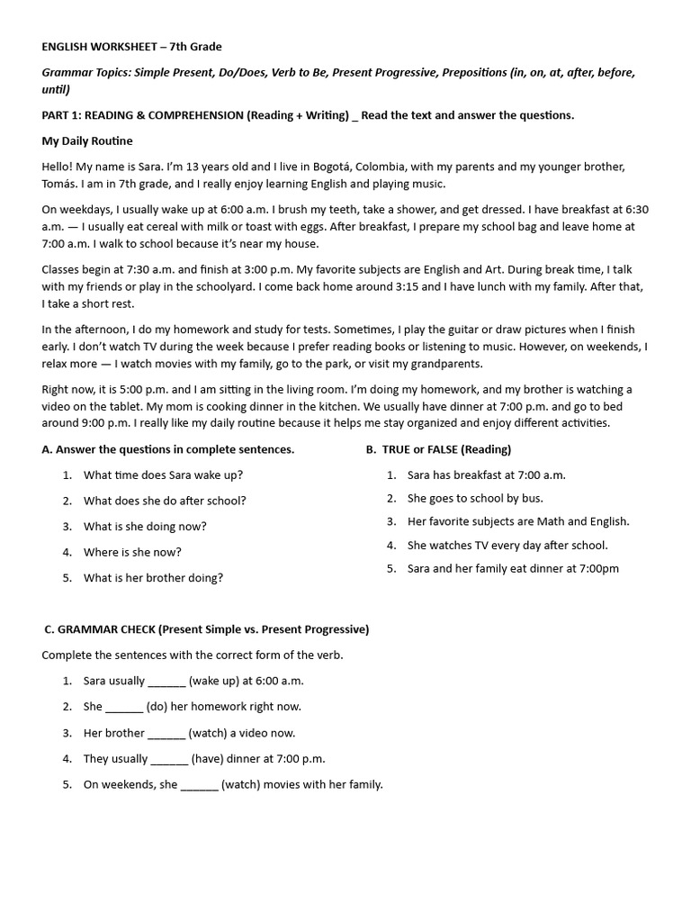 7th Grade English Daily Routine Worksheet | PDF | English Language ...